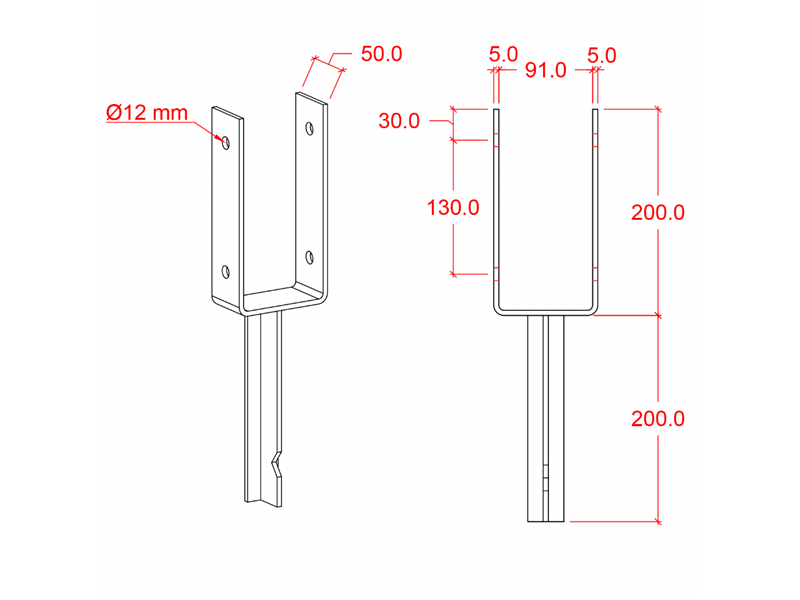 U-Stolpefod - 9×9 cm stolper - til nedstøbning